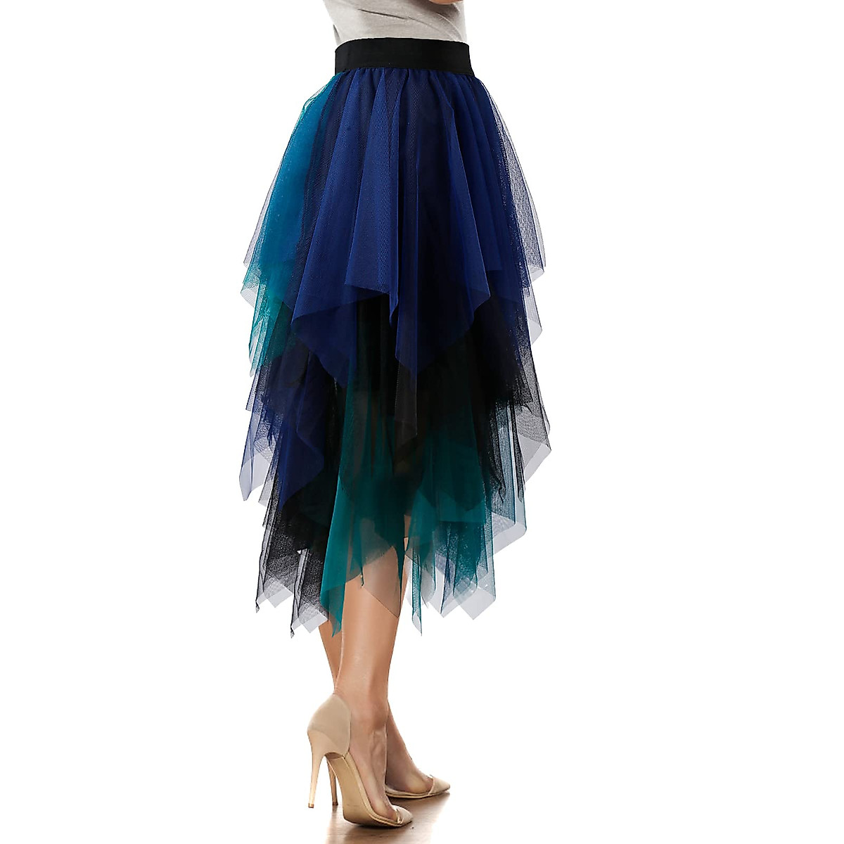 Women's Tulle Skirt A-Line High Low Asymmetrical 3 Layered Midi Length Elastic Waist Tutu Skirts (Black Green)