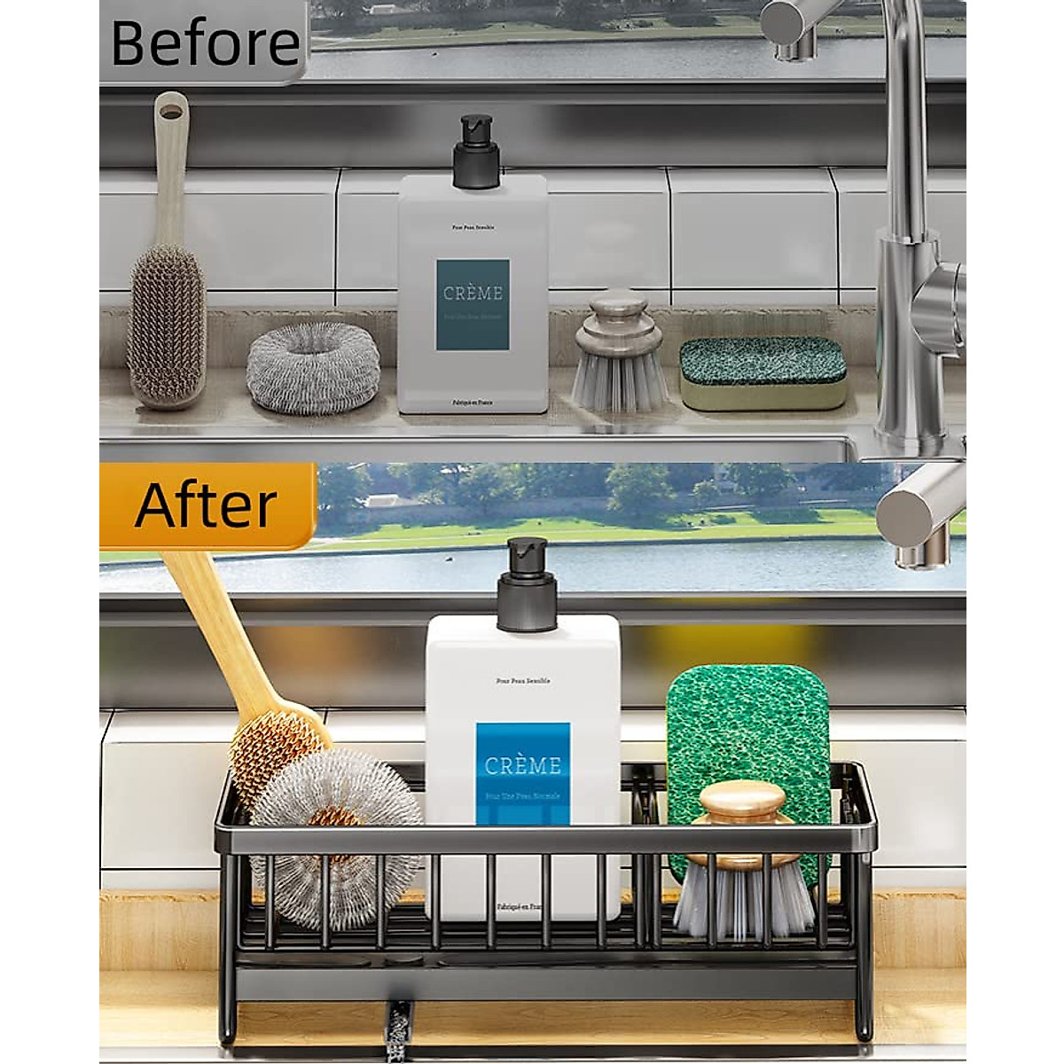 DMJWAN Kitchen Sink Caddy Sponge Organizer, 304 Stainless Steel Holder for Sink,Countertop with Removable Drain Tray with Diversion Drainage.