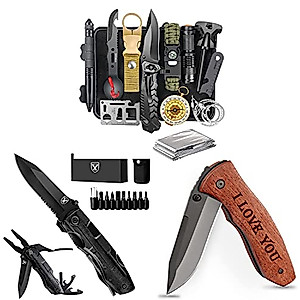 Gifts for Men Dad Husband Him, Survival Kit 14 in 1, Survival Gear and Equipment,Pocket Knife Multitool,Engraved Wood Pocket Knife I Love You, Unique Birthday Gift Idea for Men, Mens Stocking Stuffers