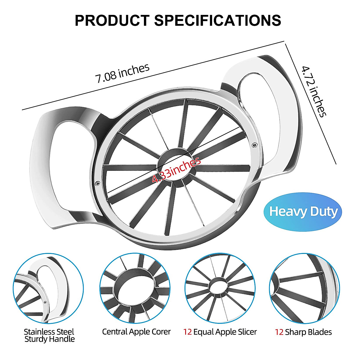 AUBENR 4.3 Inch Extra Large Apple Slicer with 12 Blades - Professional Heavy Duty Apple Cutter - Stainless Steel Apple Corer Tool - Sharp Apple Slicer and Corer - Easy to Use - Dishwasher Safe