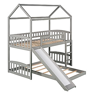 Harper & Bright Designs Twin Over Twin Bunk Bed with Slide, House Bunk Bed with Slide, Playhouse Bed for Toddlers Kids Girls Boys - Gray