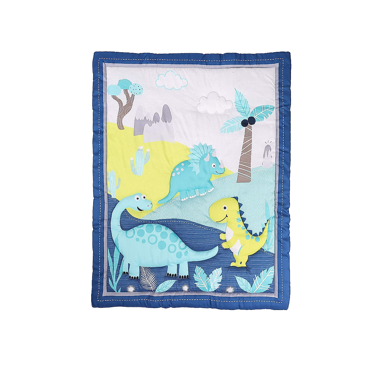 HUPO 4 PC Dinosaur Crib Bedding Sets for Baby Boys,Yellow/Navy Blue Nursery Crib Set Including Crib Skirt/Crib Quilt/2 Crib Sheet