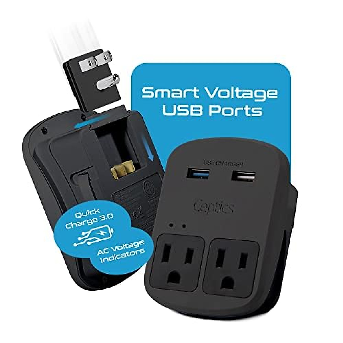 Ceptics World Travel Adapter Kit - QC 3.0 Dual USB + Dual US Outlets, Surge Protection, Perfect For Europe, UK, China, Australia, Japan, Perfect For Laptop, Cell Phones, Cameras - Safe ETL - Black