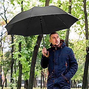G4Free Wooden J Handle Umbrella 54 Inch Large Auto Open Classic Windproof Rain Stick Umbrellas for Men Women (Black)
