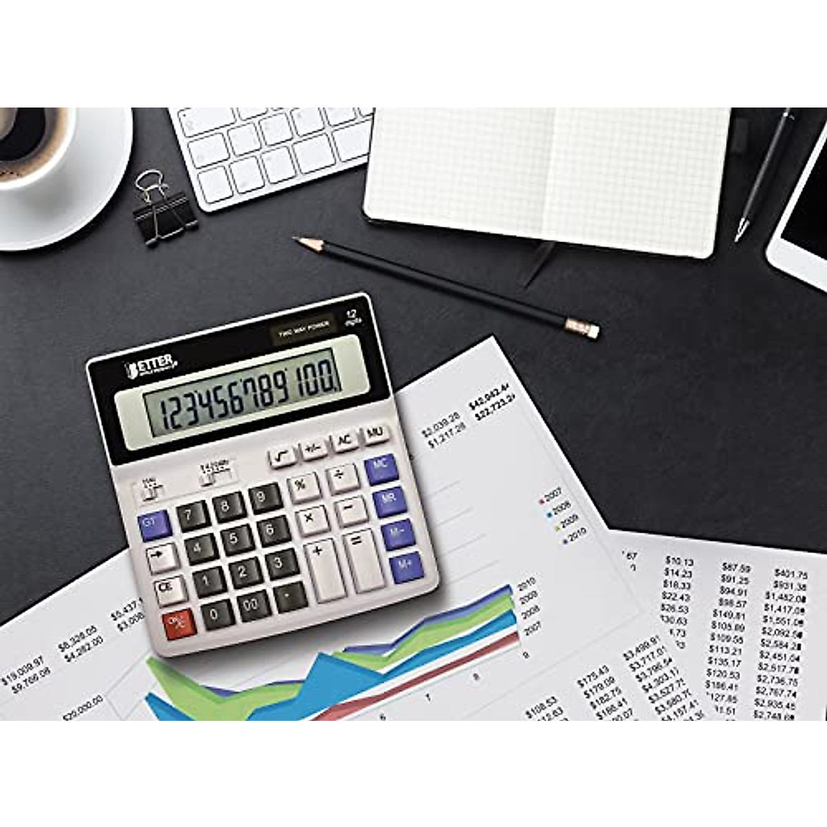 Extra Large Electronic Desktop Calculator, 12-Digit LCD Display, Angled Display Panel, by Better Office Products, 4 Function Memory Keys, Light Gray, Dual Power with Included AA Battery Power