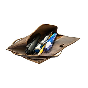 Hide & Drink, Rustic Leather Pencil Case (Small Personal Items) Artist Carpenter Slim Roll Handmade :: Bourbon Brown