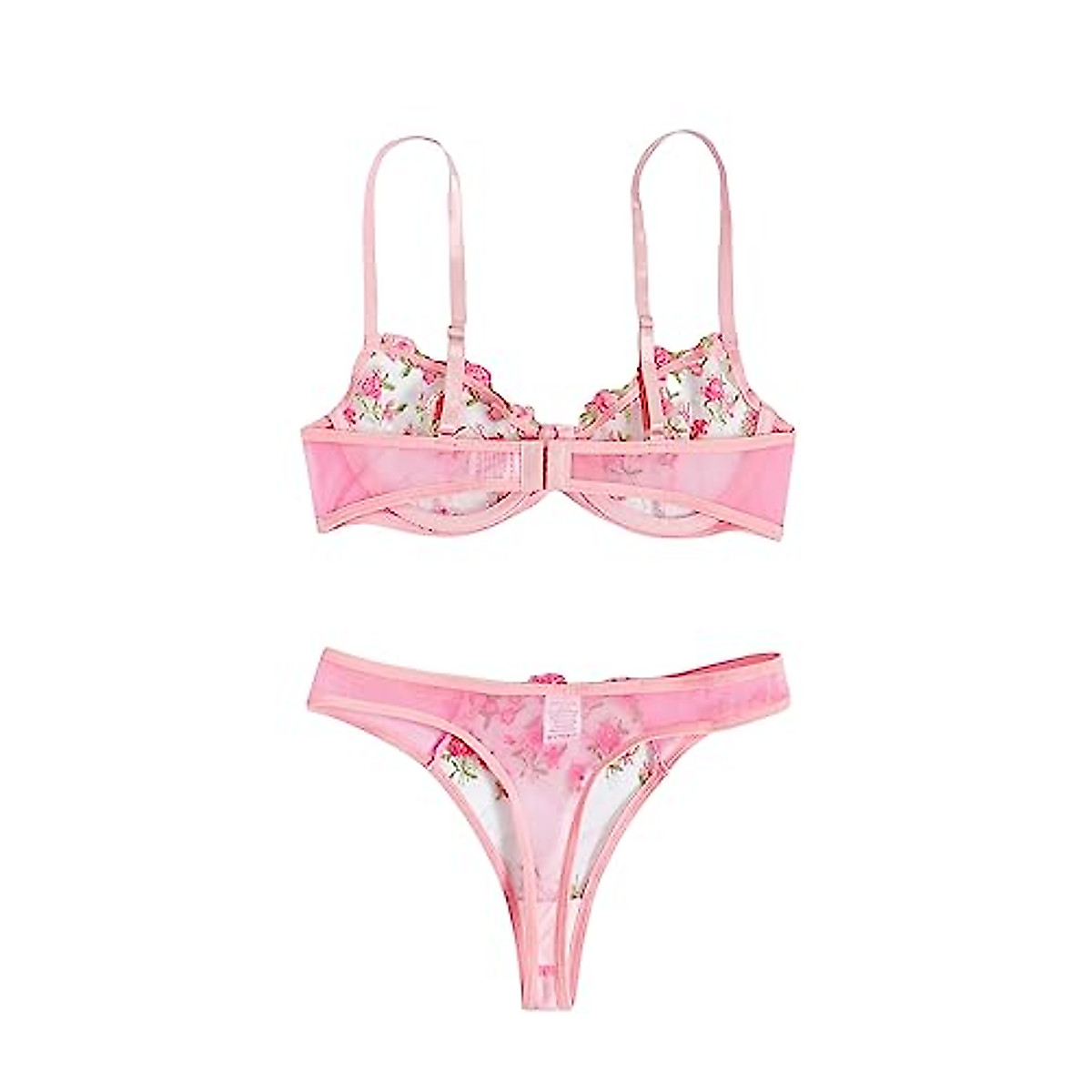 WDIRARA Women's Floral Embroidery Underwire Lingerie Set Mesh Bra and Panty Set Pink S