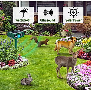Solar Animal Repeller, 2 Pack Ultrasonic Animal Repeller Outdoor, Animal Deterrent Devices Repel Squirrel, Raccoon, Skunk, Fox, Deer, Waterproof with Motion Detector (Green)
