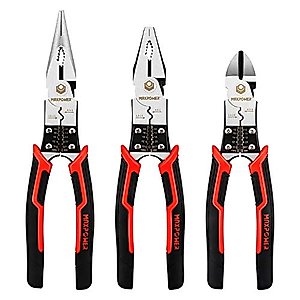 MAXPOWER 3Pcs Pliers Set, 5 in 1 Multifunctional Wire Stripper Crimper Cutter, Long Nose Pliers, Diagonal Side Cutting Pliers, Linesman Pliers 8 inch