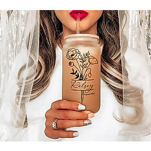Taniri Personalized Bridesmaid Glass Tumbler Set with Straw - Flower & Name Customized Glass Tumbler - Bachelorette Party Tumblers - Bamboo Lid Iced Coffee Cup - Bridal Party Gifts