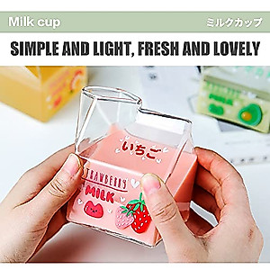 Blsky Kawaii Glass Milk Carton Cup Microwavable 12 Oz Cute Milk Cups Mini Creamer Container Strawberry Square Breakfast Mug Glass Creamer Pitcher with Gift Box (Strawberry)