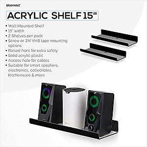 BRAINWAVZ 2-Pack 15" Floating Acrylic Wall Shelf for Speakers, Books, Decor, Plants, Cameras, Photos, Kitchen, Bathroom, Routers & More Universal Small Holder Shelves (Black)