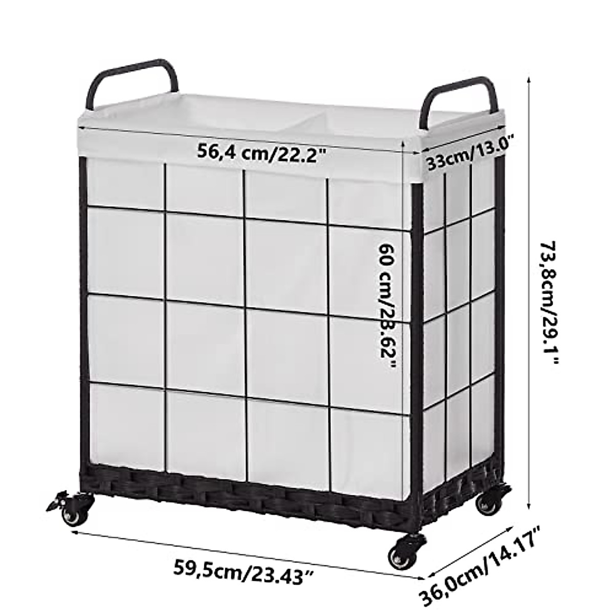 Laundry Hamper with Divided Liner Bag; Collapsible Laundry Basket with Rolling Lockable Wheels; Clothes Hamper with Metal Handle; Laundry Sorter with Removable Liner Bag (White)