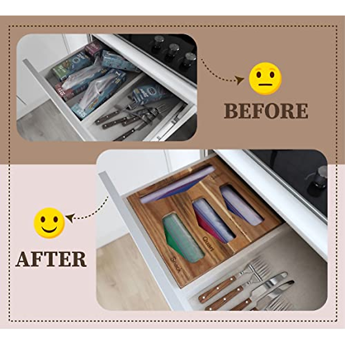 Retrieved Tools Ziplock Bag Storage Organizer - Acacia Wood Food Bags Container for Kitchen Drawer - Compatible with ziplock Brands. Baggie Dispenser - Holder for Gallon, Quart, Sandwich and Snack