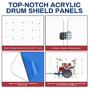 PENNZONI Drum Shield 6ft w/Chrome Hinges, Comes w/ 6 Drum Panels, & Chrome Hinges, Premium Clear Acrylic Panels, Drum Screen