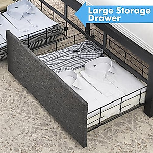 Queen Size Bed Frame with 2 Storage Drawers, Button Tufted Headboard and LED Lights, Upholstered Platform Bed with Storage, Heavy Duty Metal Slats, No Box Spring Needed, Noise Free, Easy Assembly