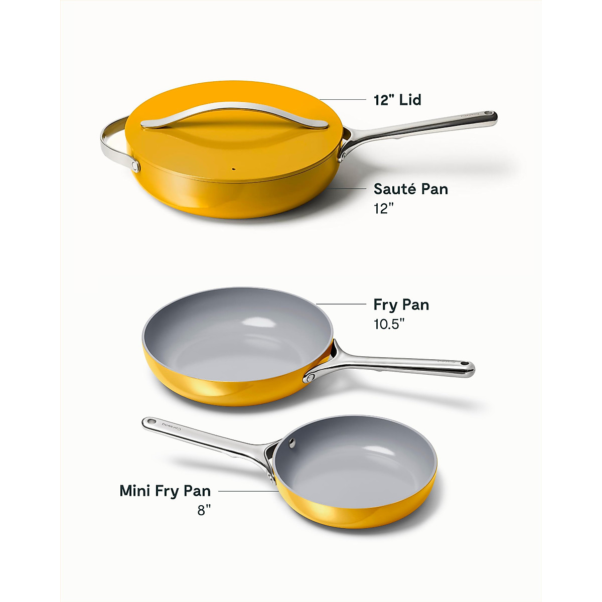 Caraway Fry Pan Trio - Non-Stick Frying Pans (10.5” & 8”) & Non-Stick Saute Pan - Non Toxic, PTFE & PFOA Free - Oven Safe & Compatible with All Stovetops (Gas, Electric & Induction) - Marigold
