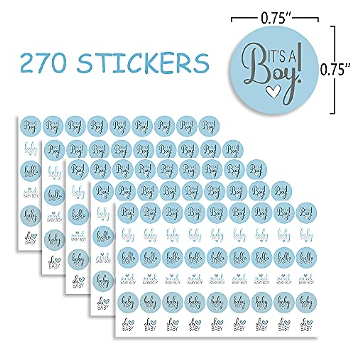 270 PCS Blue Baby Shower Stickers, 6 Design Self Adhesive Circle Label Stickers,  Baby Shower Envelope Seals Candy Stickers，Baby Shower Party Chocolate Stickers,Candy Stickers.（015）