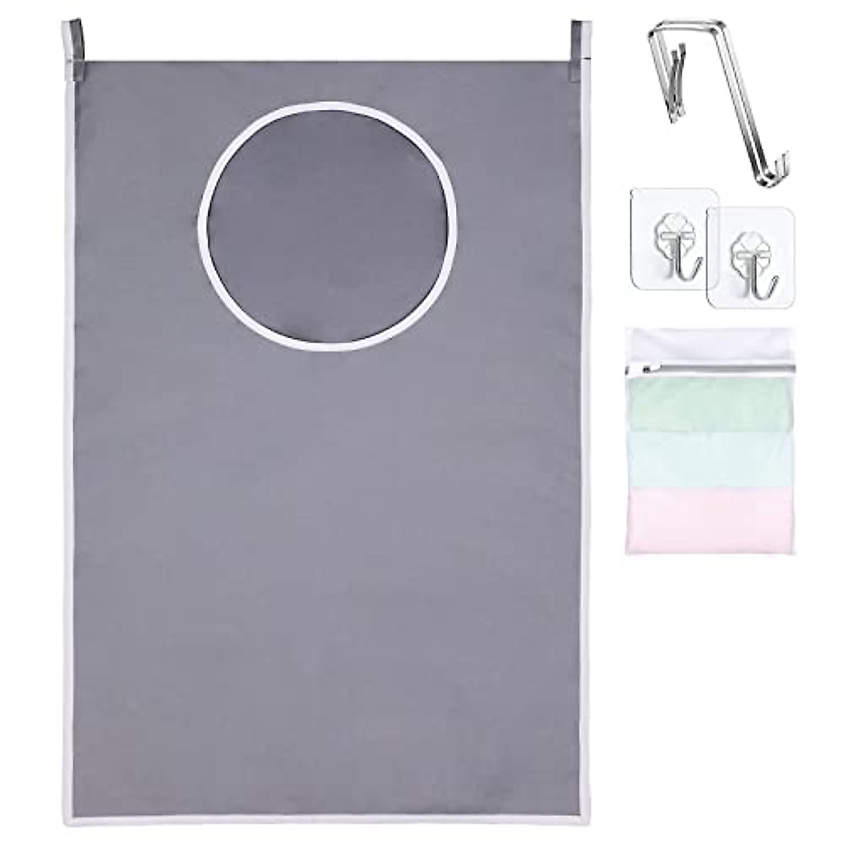 Hanging Laundry Hamper(35"L x 22"W) with 2 Adjustable Stainless Steel Over Door Hooks 30Lb & 2 Adhesive Hooks 2.75"L 25Lb& Grey Mesh Laundry Bag. Large Size Door Hamper for Kids Room, Bathroom, Dorm