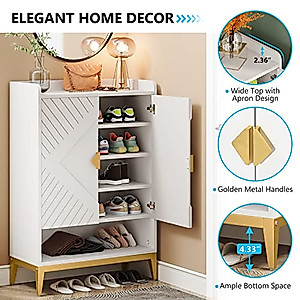 Tribesigns Shoe Cabinet with Doors, 25 Pair Shoe Storage Cabinet with Adjustable Shelves, 6-Tier Modern Wooden Shoe Rack Organizer Cabinet for Entryway, Hallway, Closet, Living Room, White and Gold