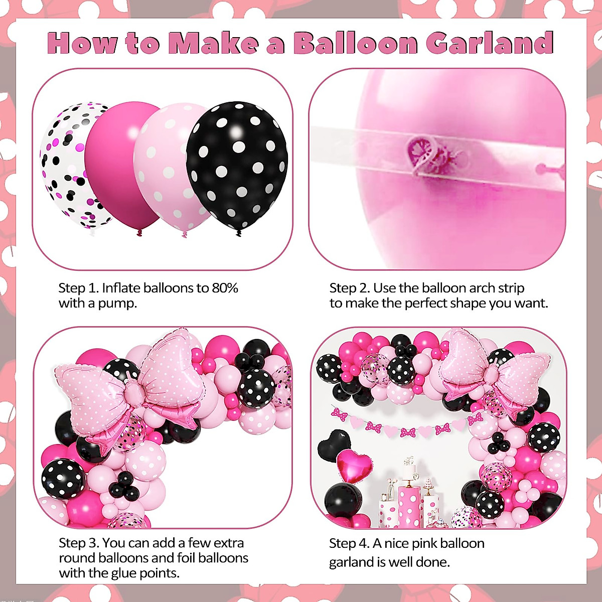 Ouddy Party Pink Mouse Balloon Garland Arch Kit for Cartoon Mouse Theme Birthday Party Decorations Girl Kids, Pink Black Rose Red Bow Foil Balloons Banners for Mouse Baby Shower Party Supplies