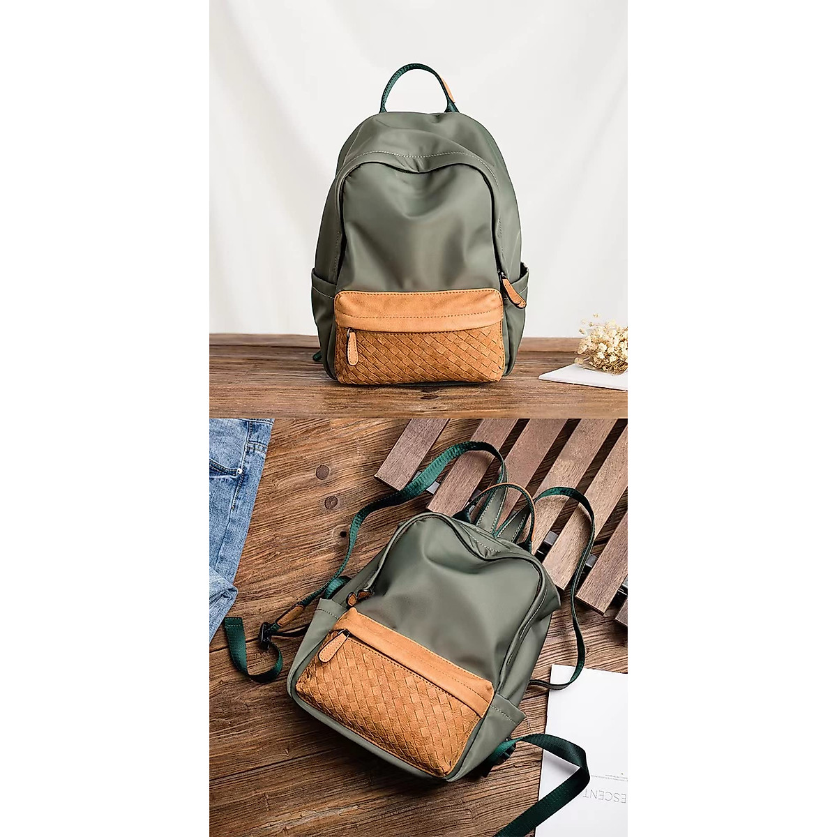 Daiblueland Casual Daypack Backpack For Women Unisex Large Lightweight Travel Rucksack With Leather Pockets(Army Green) (BACK-001)