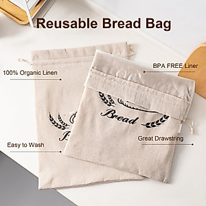 GobiSea 2 Pack Bread Bags for Homemade Bread - Plastic Lined - Reusable Linen Bread Bag with Plastic Liner For Sourdough & Bread Storage - 20" x 14"
