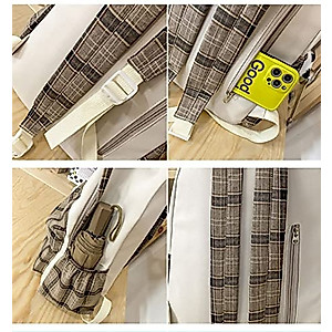 Kawaii Plaid Backpack with 1 Free Cute Panda Pendant for Girls Teens Criss Corss Aesthetic Daypack Satchel (Beige)