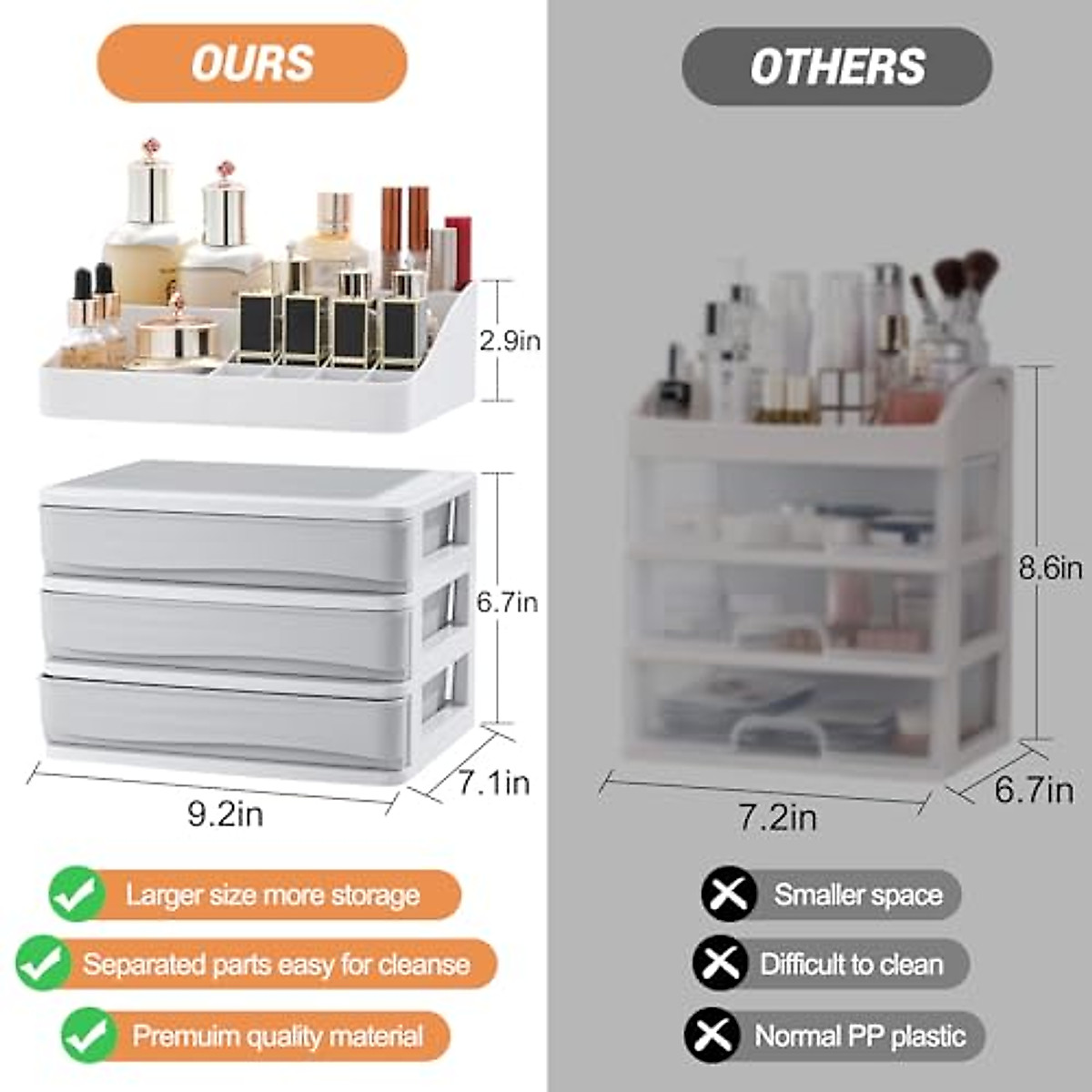 ELUCHANG Cosmetics Makeup Organizer Storage: 9.6" Detach Make Up Organizers and Storage with Clear Drawers Large Skincare Organizers for Vanity Countertop Dresser Bedroom Bathroom Desk