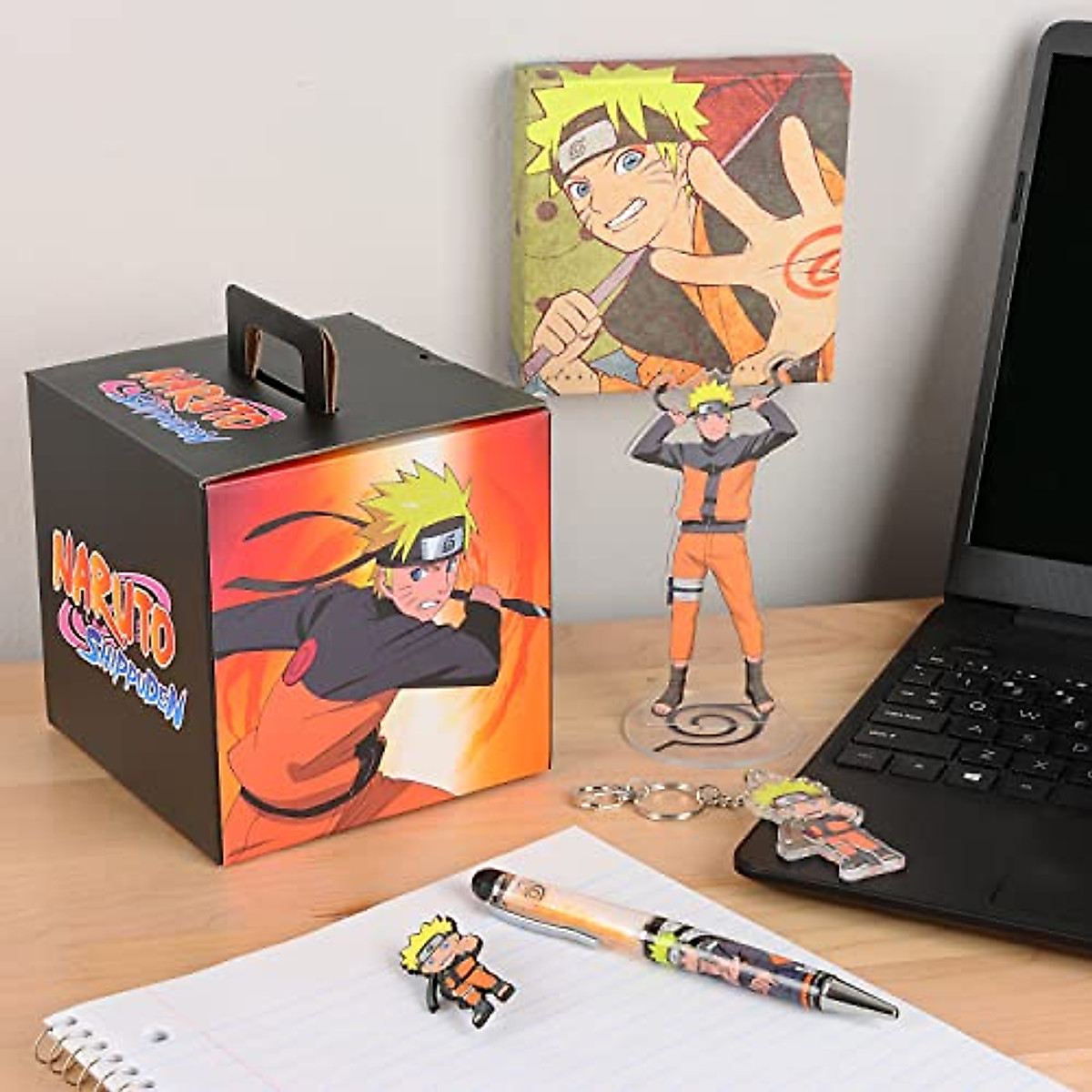 JUST FUNKY Naruto Shippuden Naruto Uzumaki Looksee Collector Box | 5 Official Naruto Collectibles | Includes Wall Canvas, Enamel Pin, Keychain, Acrylic Stand, and Floaty Pen | Collect Them All