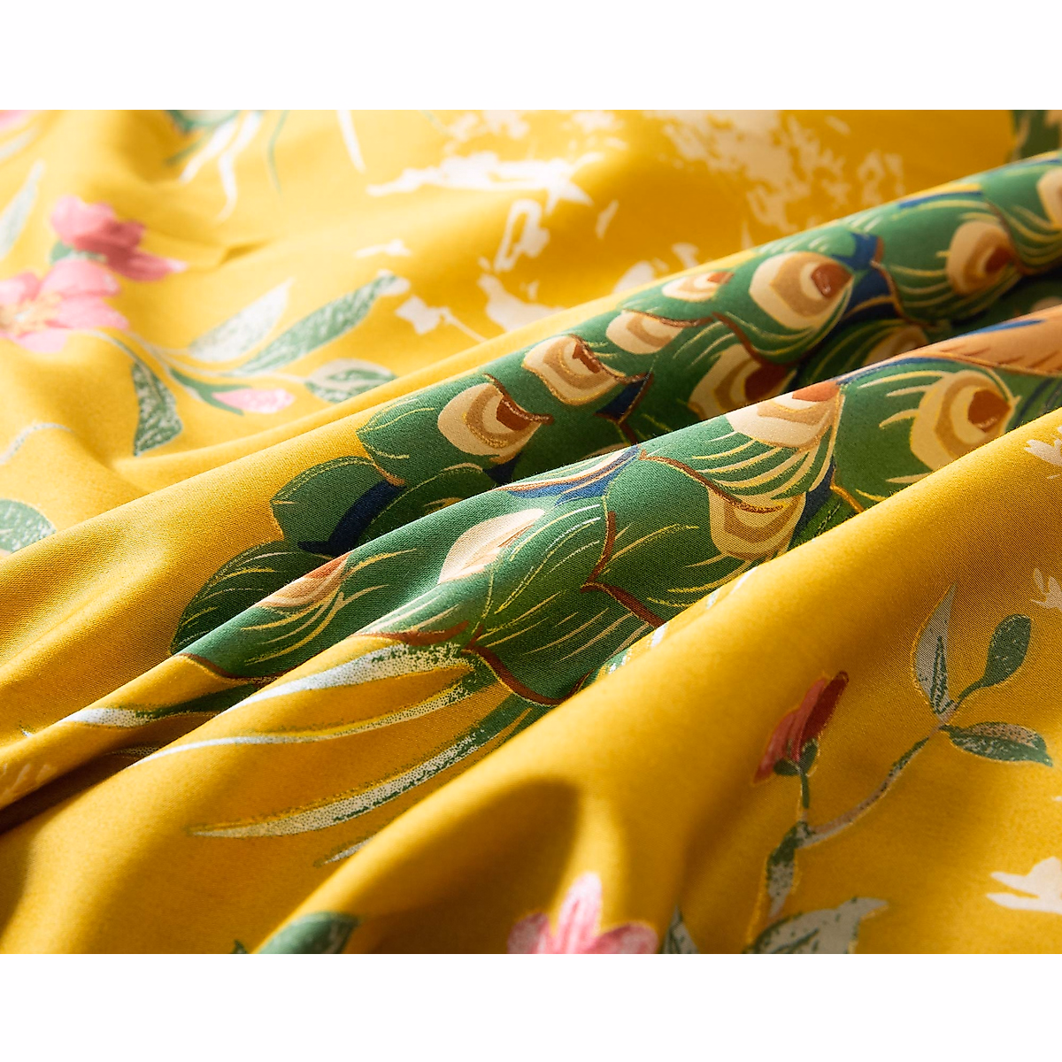 Eikei Chinoiserie Chic Peacock Floral Duvet Cover Paradise Garden Botanical Bird and Tree Branches Vintage Stylized Long Staple Cotton Bedding Set (Queen, Citrine)