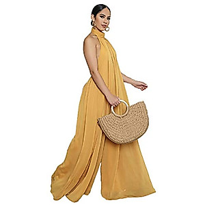 CHARTOU Women's Elegant Loose Fit Chiffon Halter Neck Backless Wide Leg Jumpsuit (Large,Yellow)