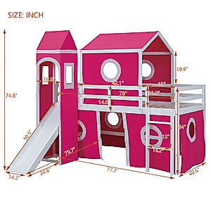Full Size House Loft Bed Kids Loft Beds with Slide, Tent and Tower, Solid Wood Loft Bed with Small Pinnacle for Kids Girls Boys Teens (Pink)