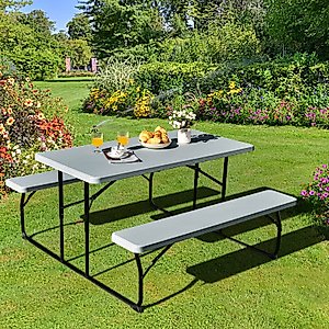 S AFSTAR Folding Picnic Table Bench Set, Foldable Picnic Table with 2 Benches, Outdoor Table and Bench W/Steel Frame & Wood-Like Texture Tabletop, Camping Table Chair Set for Garden Patio Lawn (Black)