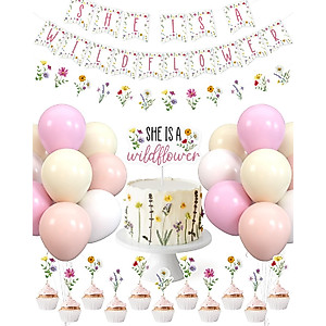 Sinasasspel Wildflower Baby Shower Decorations She Is A Wildflower 1st Birthday Party Banner Cake Cupcake Toppers Summer Flowers Daisy Lavender Leaves Baby Girl Shower Party Decor Supplies