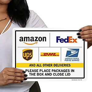 SmartSign 10 x 14 inch “Please Leave Packages in The Box and Close Lid” Metal Sign with Delivery Logos, 40 mil Laminated Rustproof Aluminum, Multicolor, Made in USA