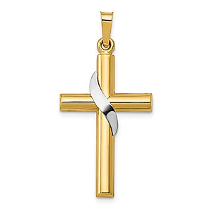 14k Yellow and White Gold Two Tone Cross Charm Pendant - 33mm x 16mm