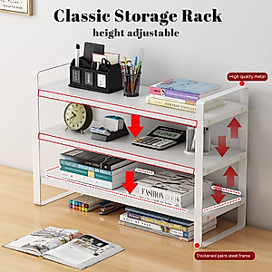 hodiczk Upgraded Small Desk Shelf Organizer with Tiers, Cute Desktop Organizer Shelf Storage, Kawai Desktop Bookshelf Hutch for Dorm, Home, School, Office (White Rack White Frame, 3 Layer)