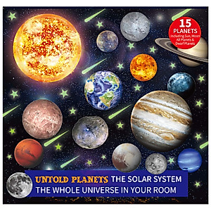 UNTOLD PLANETS 185+ PCS Glow in The Dark Stars and Planets 3D Realistic Ceiling Solar System for Kids Wall Stickers, All Glowing Planets Dwarf Pluto Moon Sun Galaxy Decor, Christmas Gift