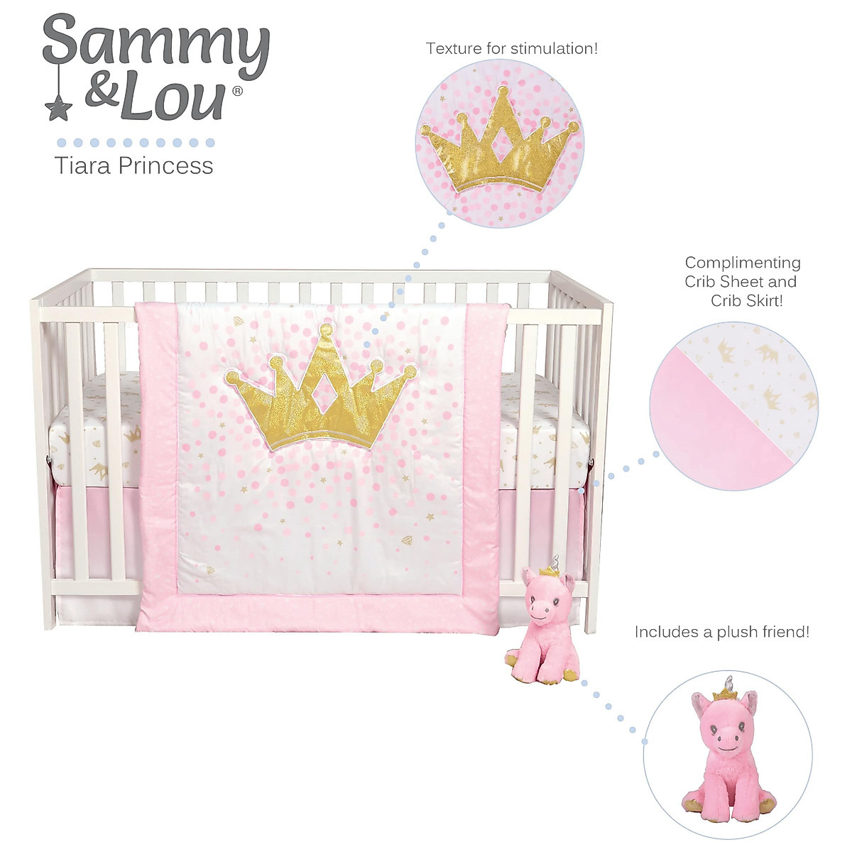 Sammy & Lou Tiara Princess 4-Piece Baby Nursery Crib Bedding Set for Girls, Includes Quilt, Fitted Crib Sheet, Crib Skirt, and Plush Toy