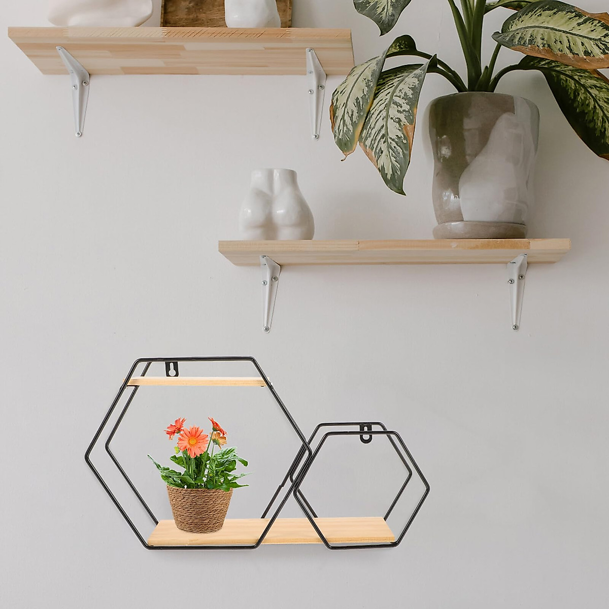 Uonlytech Hexagonal Storage Rack Metal Wall Shelf Wood Wall Shelves Hexagon Shelves for Wall Floating Shelves for Plants Metal Shelf Metal Floating Shelf Wall Shelves Wood Wall Shelving