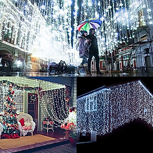 Solar Curtain Lights Outdoor Garden 300 LED Fairy String Lights 8 Modes Remote Control Waterproof Solar Waterfall Lights for Gazebo Patio Party Home Festival Wedding Wall Christmas Decorations(White)