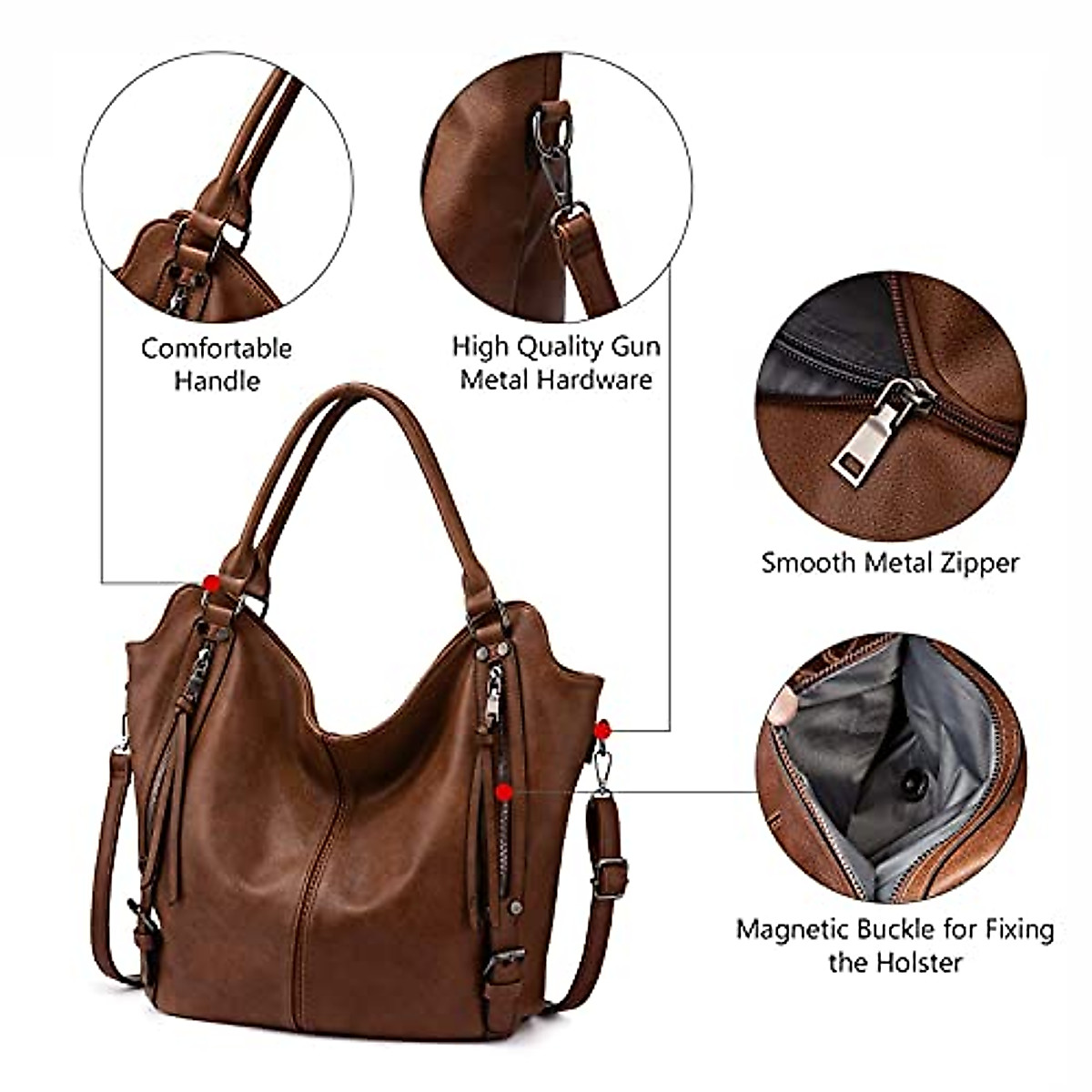 Concealed Carry Hobo Purse for Women Leather Crossbody Shoulder Bags Large Tote Bag with Detachable Holster