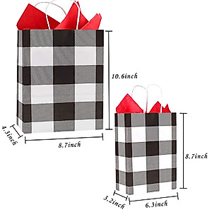 Whaline 24 Pack Christmas Buffalo Plaid Bags with 24 Sheets 20 x 20 Red Tissue Paper, White and Black Kraft Paper Bags Gift Wrapping Set for Holiday Party, Wedding and Gift Giving