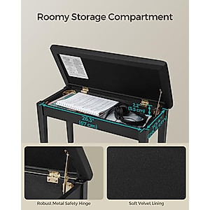 SONGMICS Duet Piano Bench with Padded Cushion and Storage Compartment, Piano Chair Seat, 13.4 x 29.1 x 19.7 Inches, Ink Black ULPB75BK