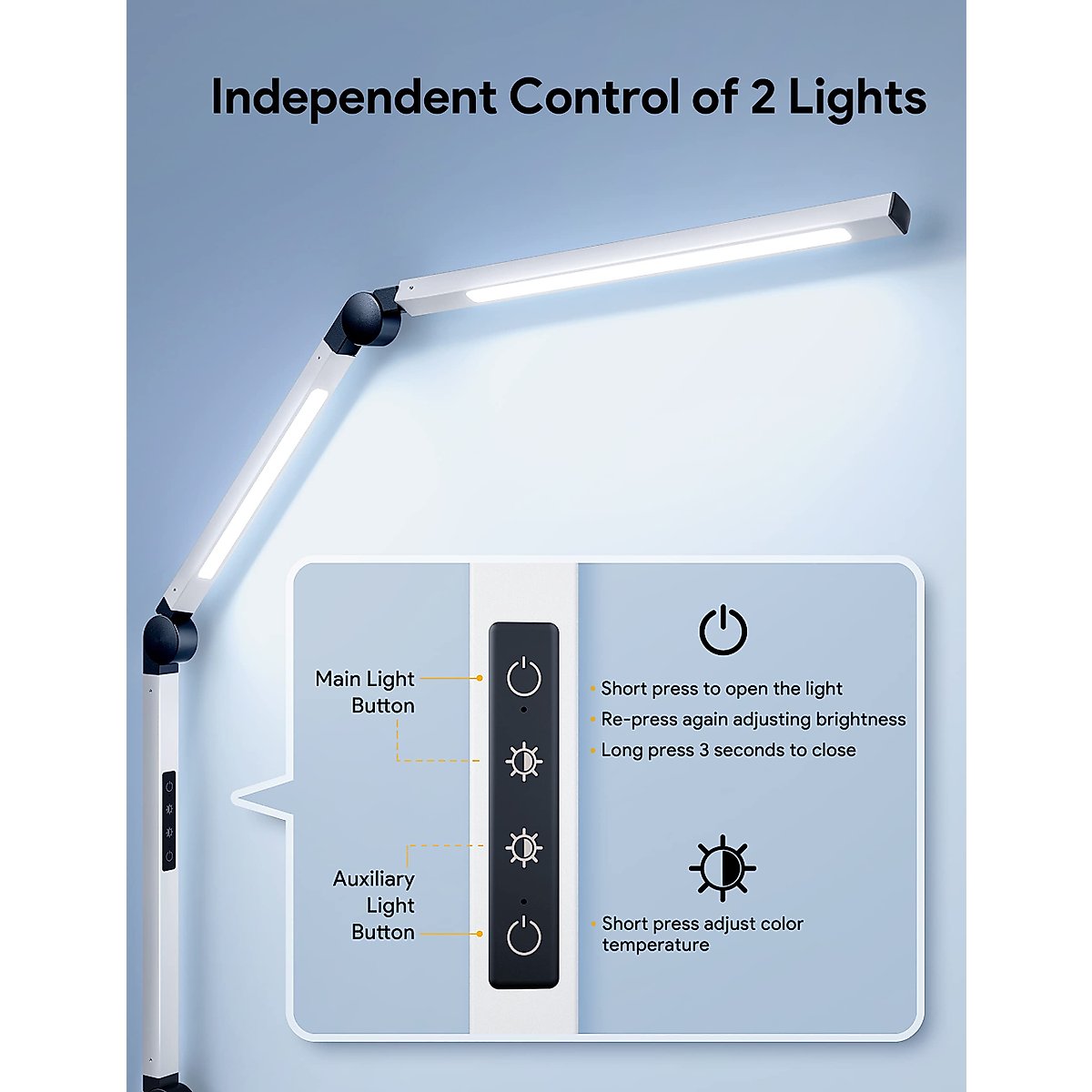 MediAcous LED Desk Lamp with Clamp, Dual Light Desk Lamp with Swing Arm, Dimmable 4 Color Modes & 4 Brightness Table Lamp, Eye-Caring Clip-on Lamp with Memory Function for Home Office, White