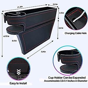 LUCKLYJONE Car Seat Gap Filler, Leather Console Side Pocket, Car Seat Pocket Organizer Catcher Caddy for CellPhones Wallet Coin with Cup Holder Black (Passenger Side)