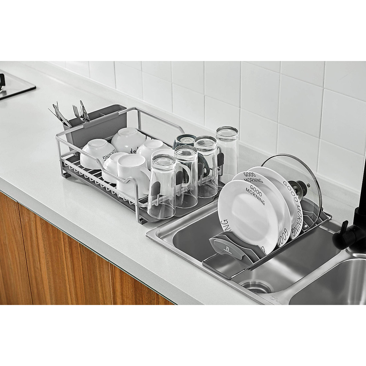 KK KINGRACK Aluminum Dish Rack with Expandable Over The Sink, in Sink Dish Drying Rack and Drain Broad, Removable Cutlery Holder, Anti-Scratch Cup Holder (112040)