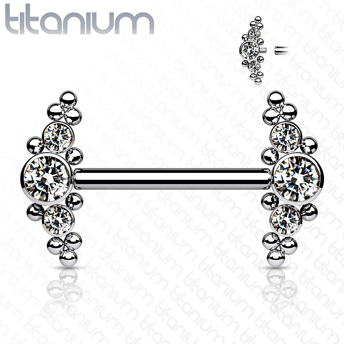 Dynamique Implant Grade Titanium Nipple Barbells With Bezel Set CZ and Micro Ball Cluster Internally Threaded Ends (Sold Per Pair Or Per Piece)