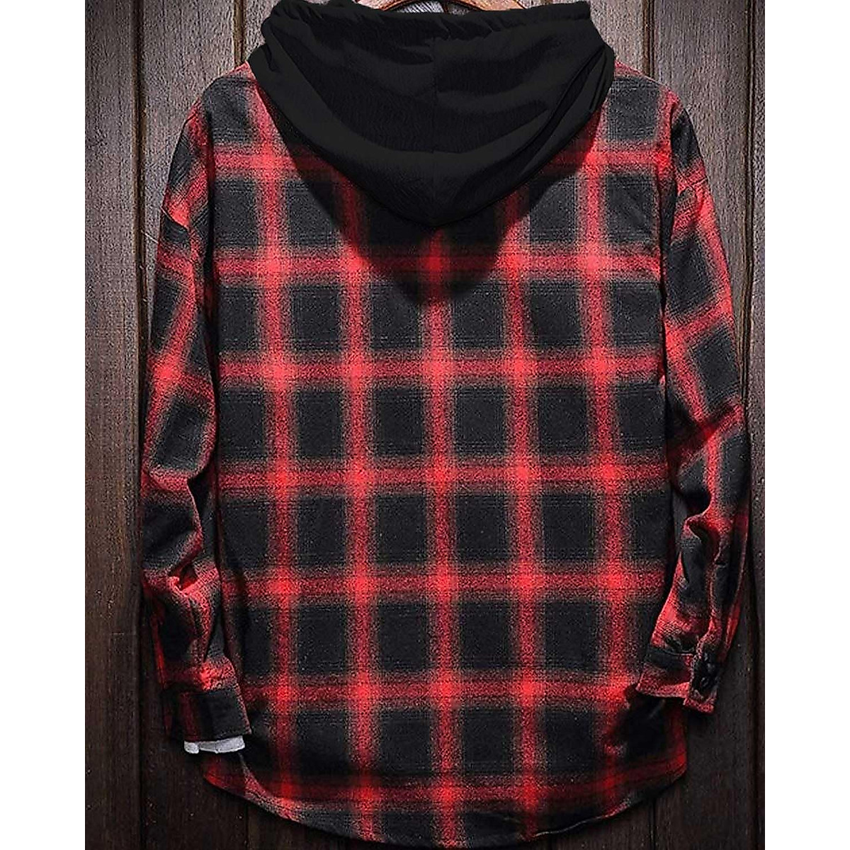 Mens Hooded Flannel Plaid Button Shirt Lightweight Long Sleeve Shirt Jackets with Hood Red Black